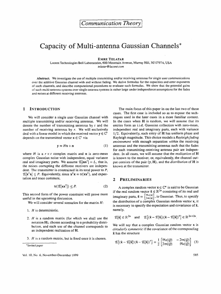 Trans Emerging Tel Tech - 2008 - Telatar - Capacity of Multi Antenna Gaussian Channels | PDF ...