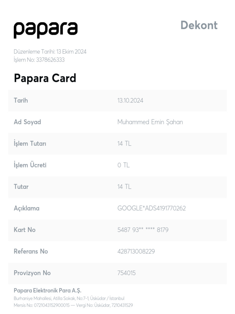 Papara Card: Dekont | PDF