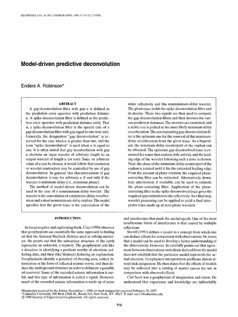 Robinson 2012 Model Driven Predictive Deconvolution | PDF | Wavelet | Signal Processing