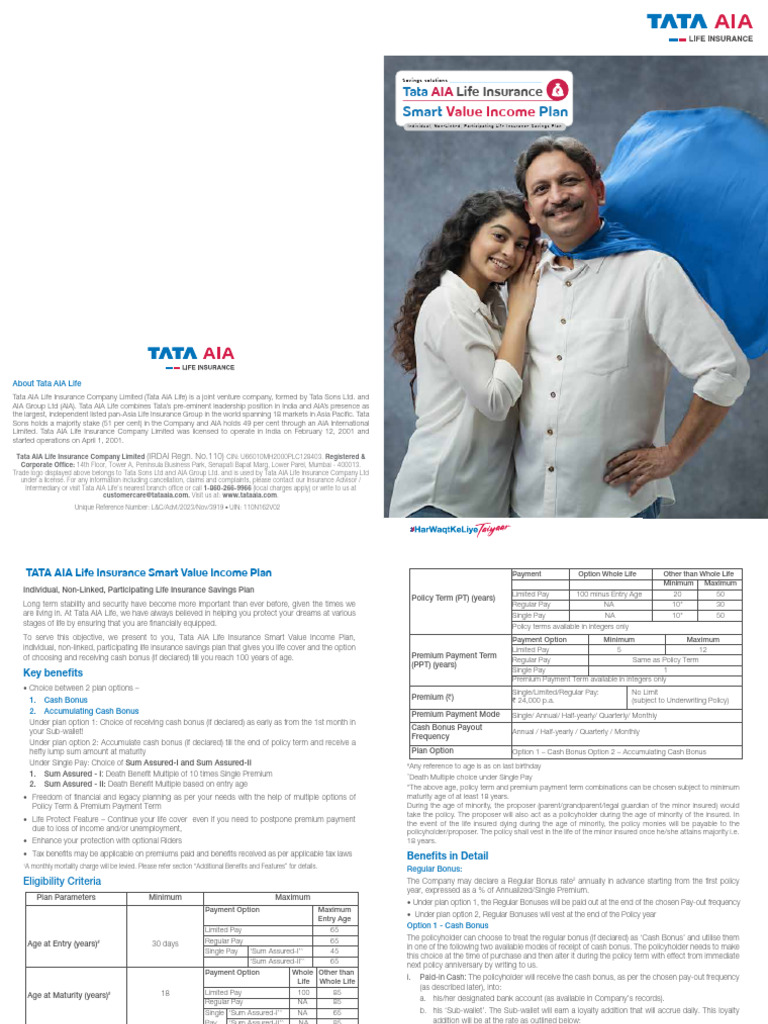 Tata AIA Smart Value Income Plan v2 Brochure | PDF | Insurance | Interest