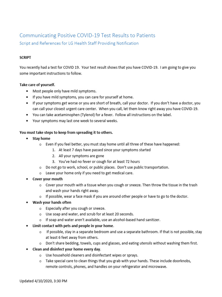Communicating Positive COVID19 Test Results To Patients Script and ...