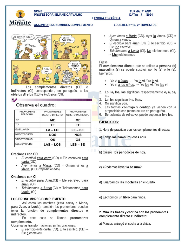 Clase 16- Pronombres Complemento- 7º Ano | PDF