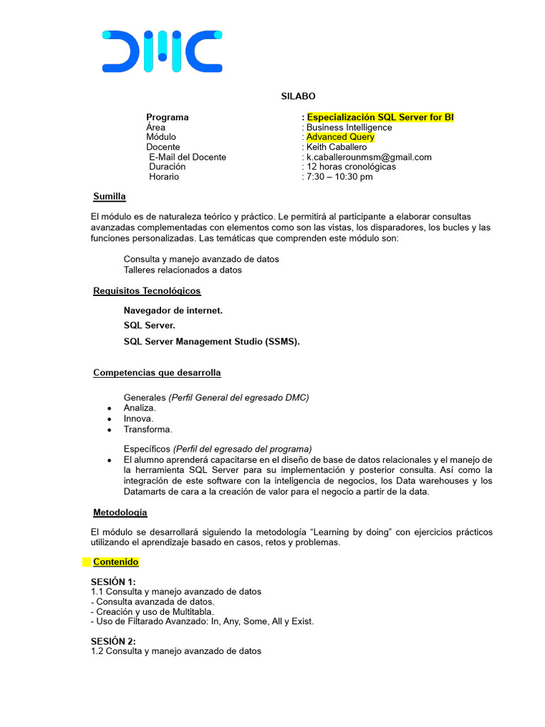 FORMATO - SILABO - ADVANCED - QUERY - Keith Caballero | PDF | Servidor SQL de Microsoft | SQL