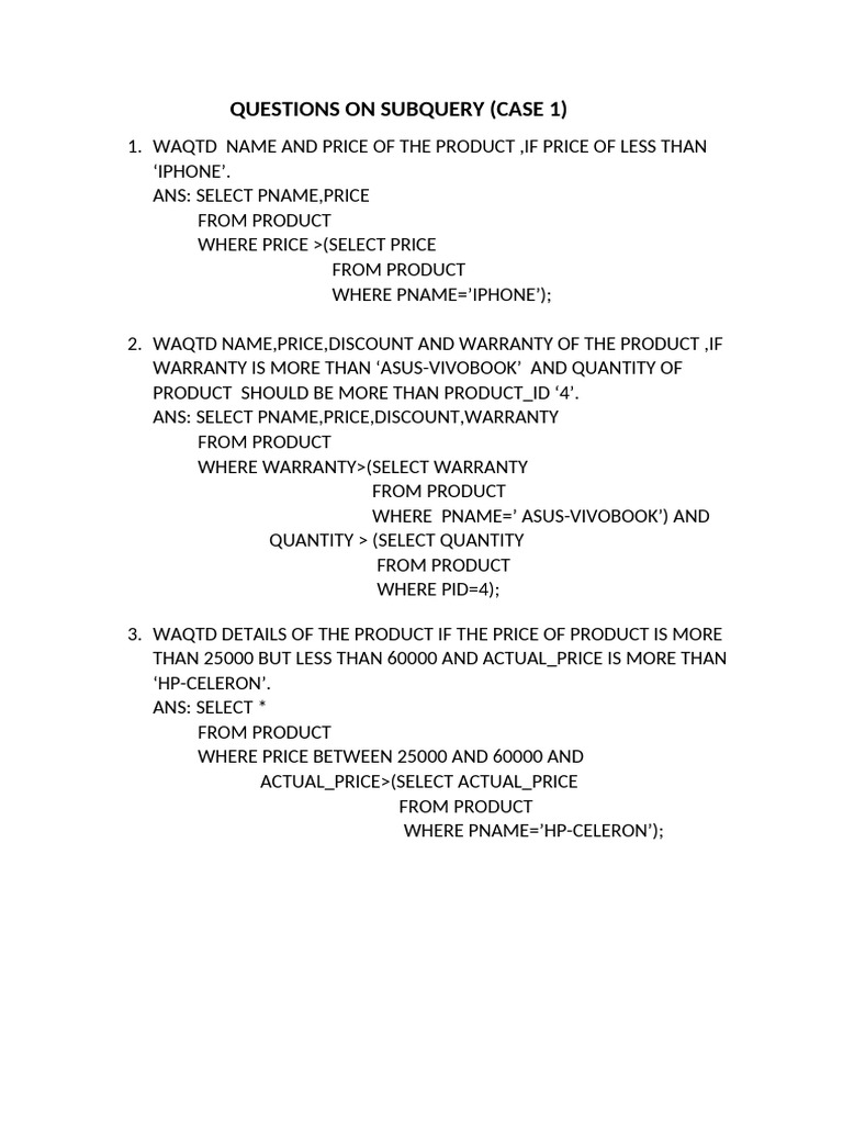 Questions On Subquery Case 1 (Part 1) Cust&Prdt | PDF