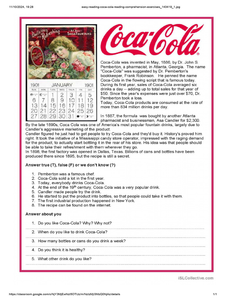 Easy Reading Coca Cola Reading Comprehension Exercises - 143419 - 1.jpg ...
