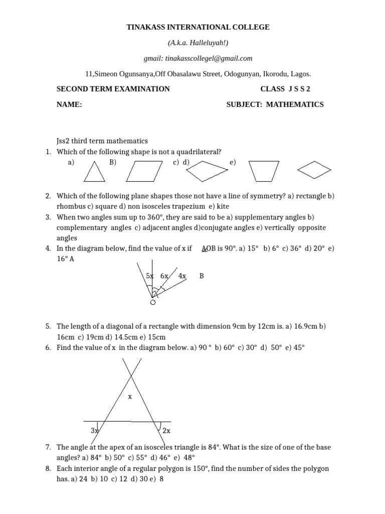 Jss2 Third Term Mathematics | PDF | Rectangle | Elementary Geometry