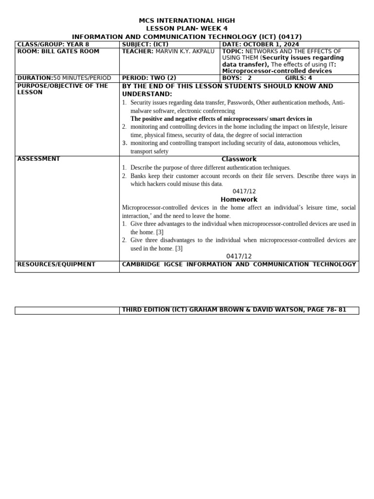 Year 8 Lesson Plan - Week 4 | PDF | Educational Technology | Computing