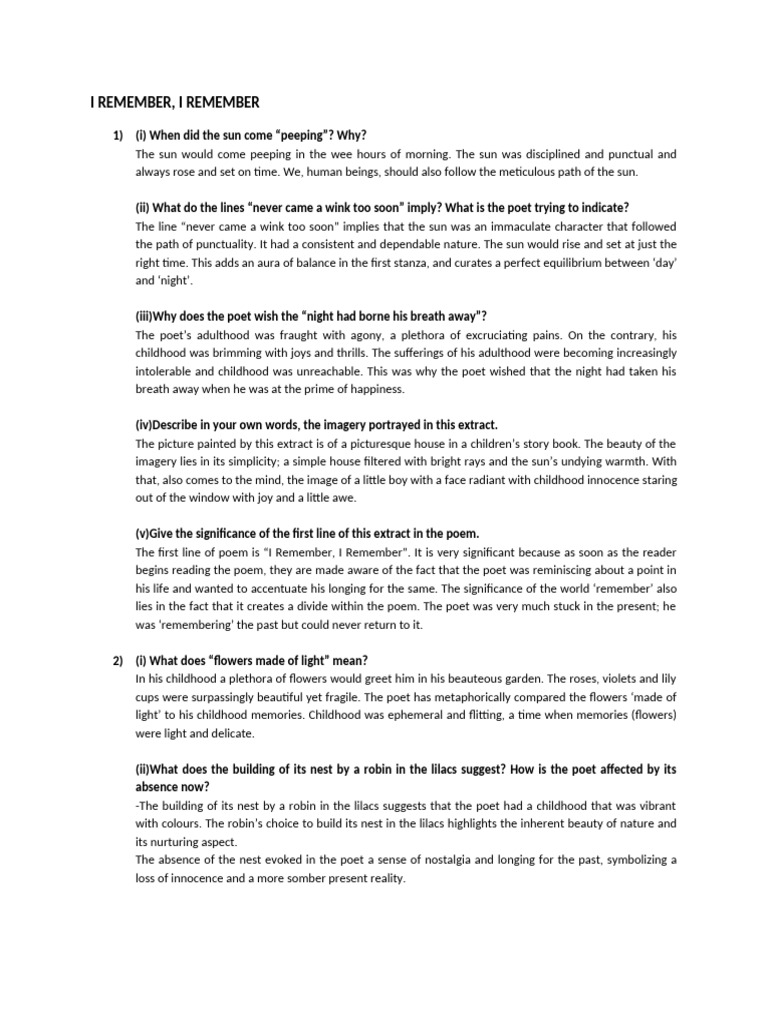I Remember, I Remember Question and Answers | PDF