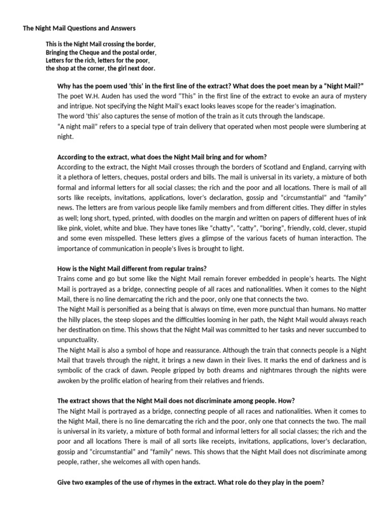 Night Mail Poem Q&A for Class 9 | PDF | Poetry | Mail