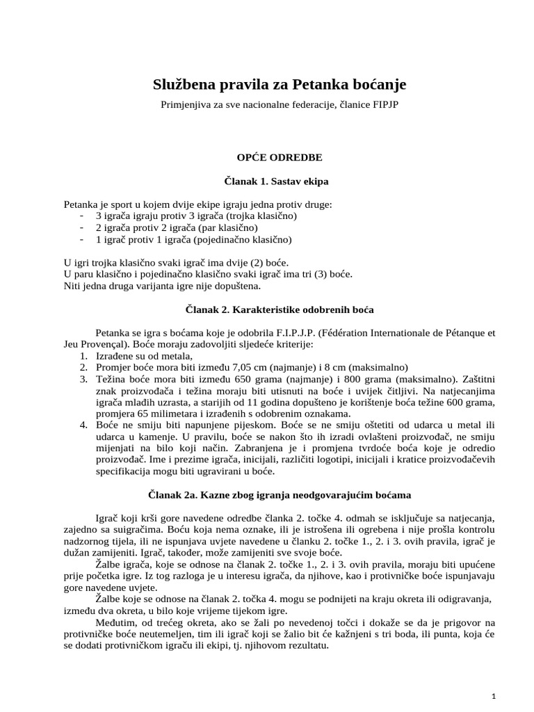 Službena Pravila Za Petanka Boćanje - Prijevod 20.7.2020 | PDF