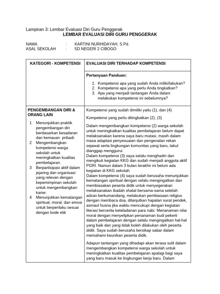Lampiran 3 - Lembar Evaluasi Diri Guru Penggerak | PDF | Pengembangan Diri