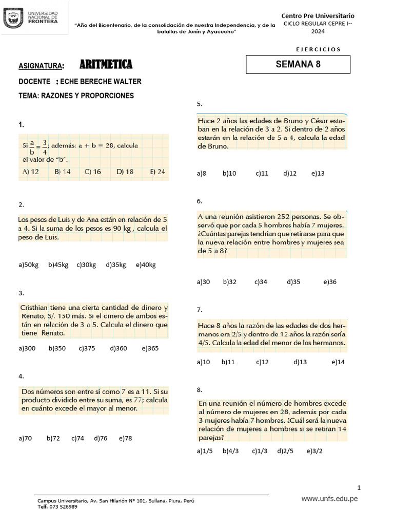 8. ARITMETICA SEM 8 -EJERCICIOS | PDF