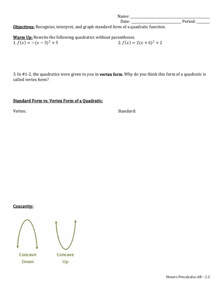 2.2 Graphing Quadratics Standard Form | PDF | Teaching Methods ...