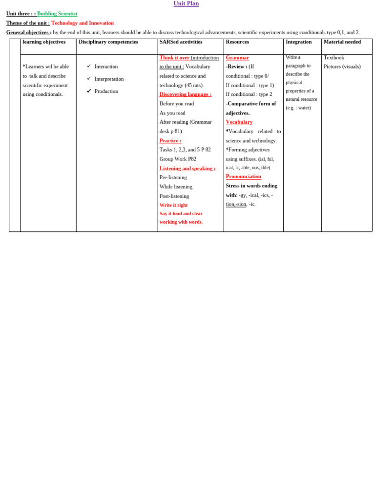 Unit Plan Budding Scientist | PDF | Vocabulary | Cognitive Science