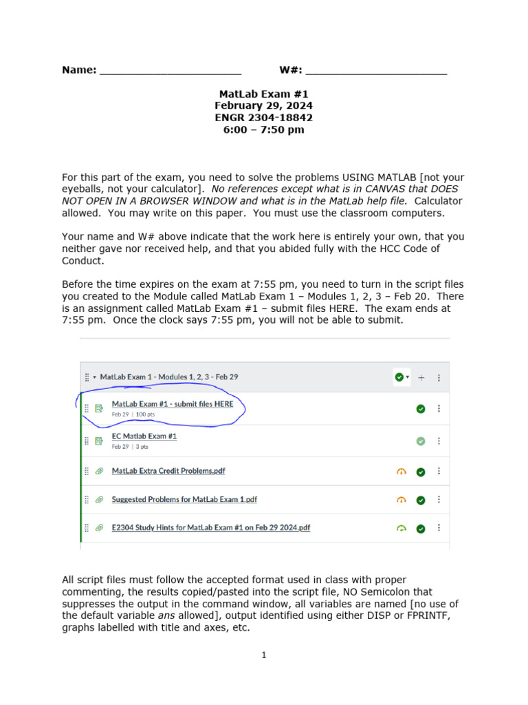 MatLab Exam 1 Instructions for ENGR 2304 | PDF | Matlab | Mathematics