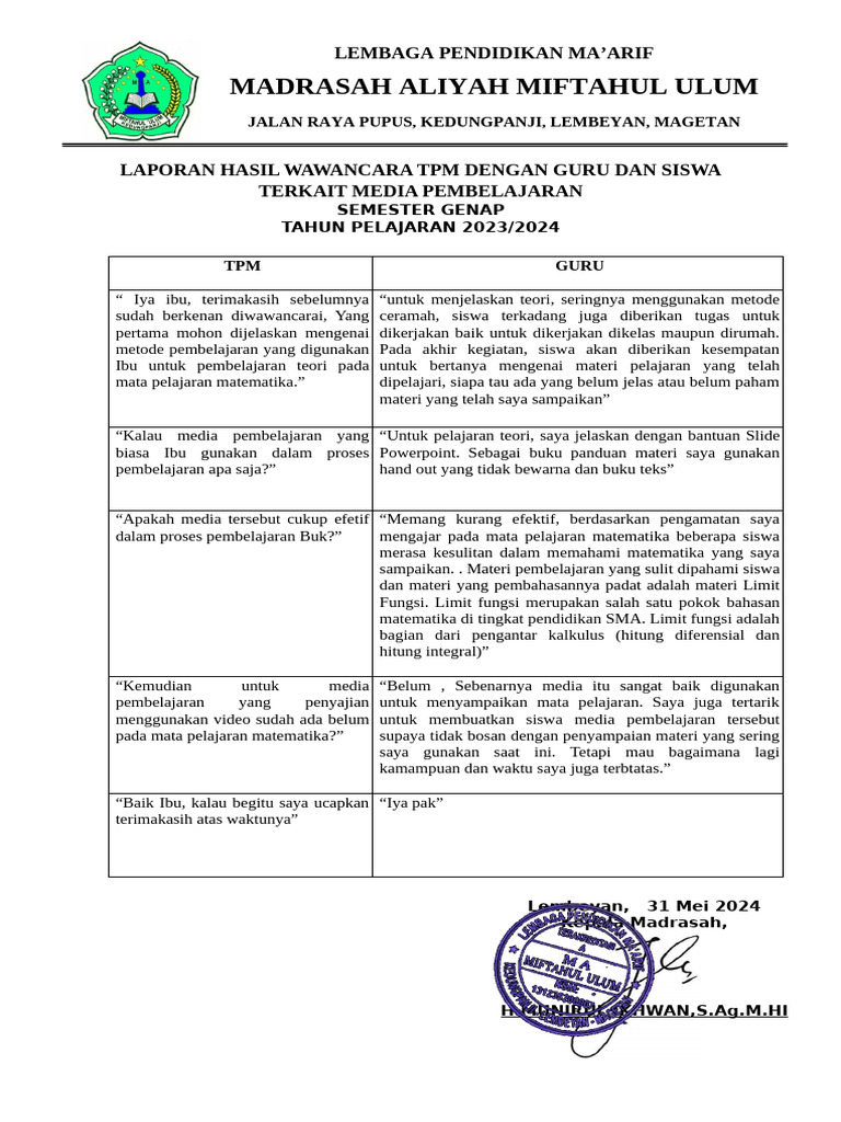 Laporan Hasil Wawancara TPM Dengan Siswa | PDF