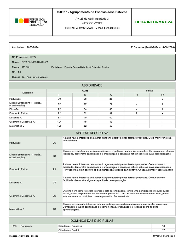 Ficha Informativa_Av. Intercalar -2º SEM | PDF | Ensino médio