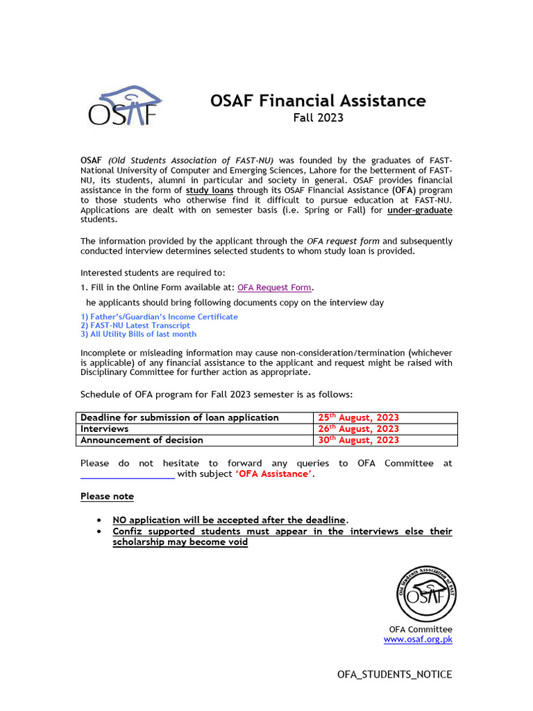 Ofa Students Notice Fall 2023 | PDF
