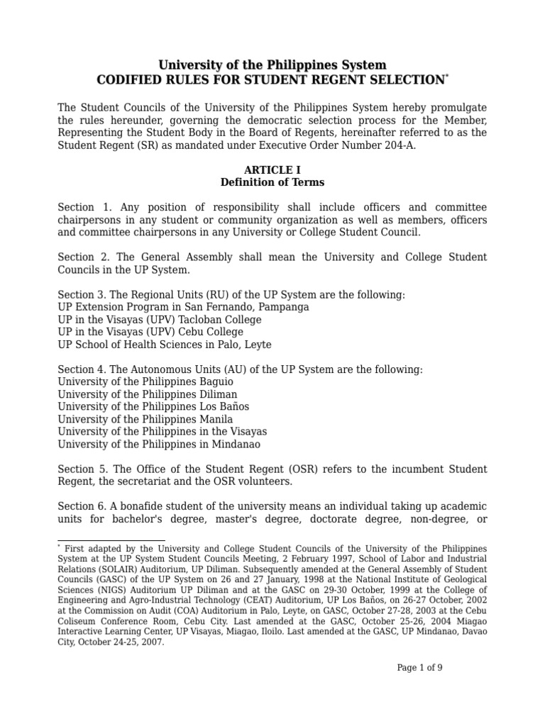 Codified Rules On Student Regent Selection | PDF | Social Institutions ...