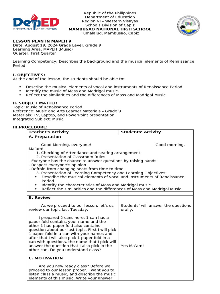 Renaissance Period Detailed Lesson Plan Day 2 | PDF