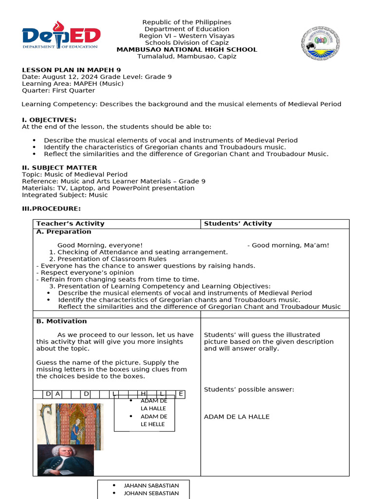 Medieval Period Detailed Lesson plan day 1 | PDF | Gregorian Chant ...