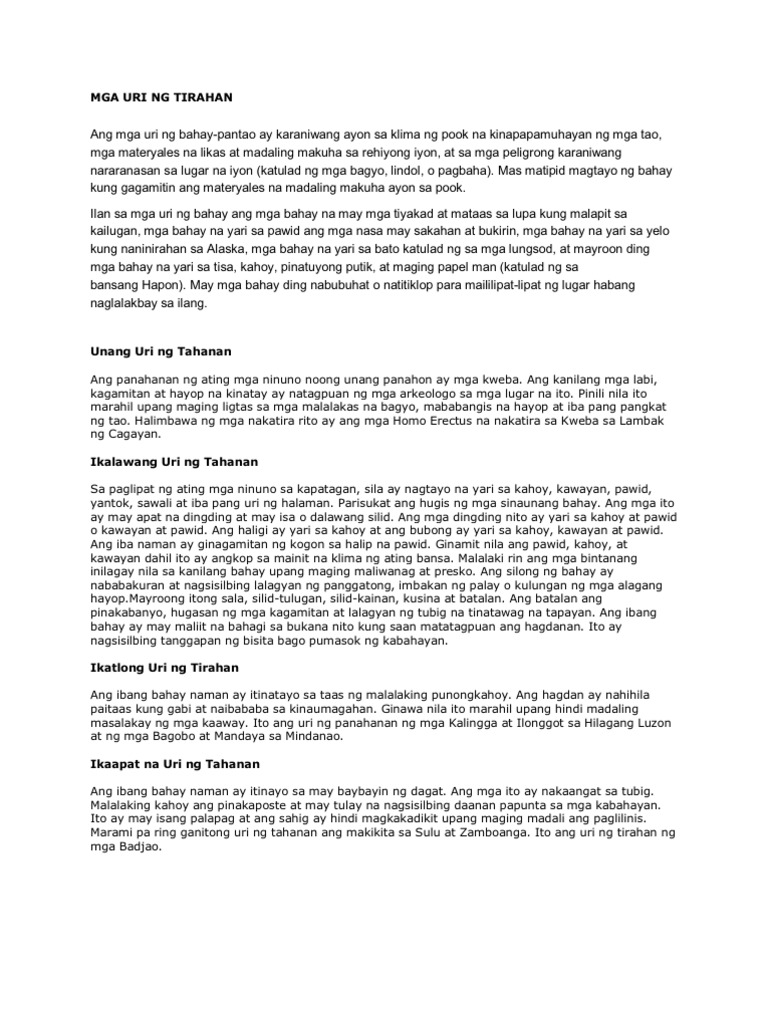 Mga Uri NG Tirahan | PDF