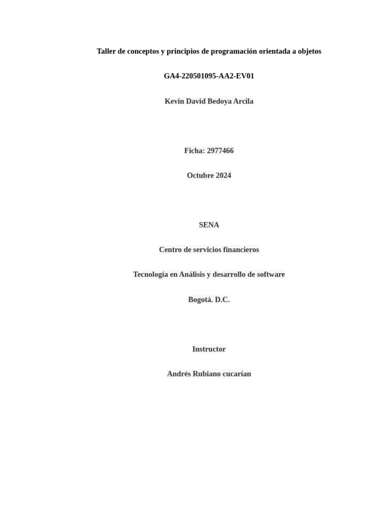 Taller De Conceptos Y Principios De Programación Orientada A Objetos Pdf Objeto Informática