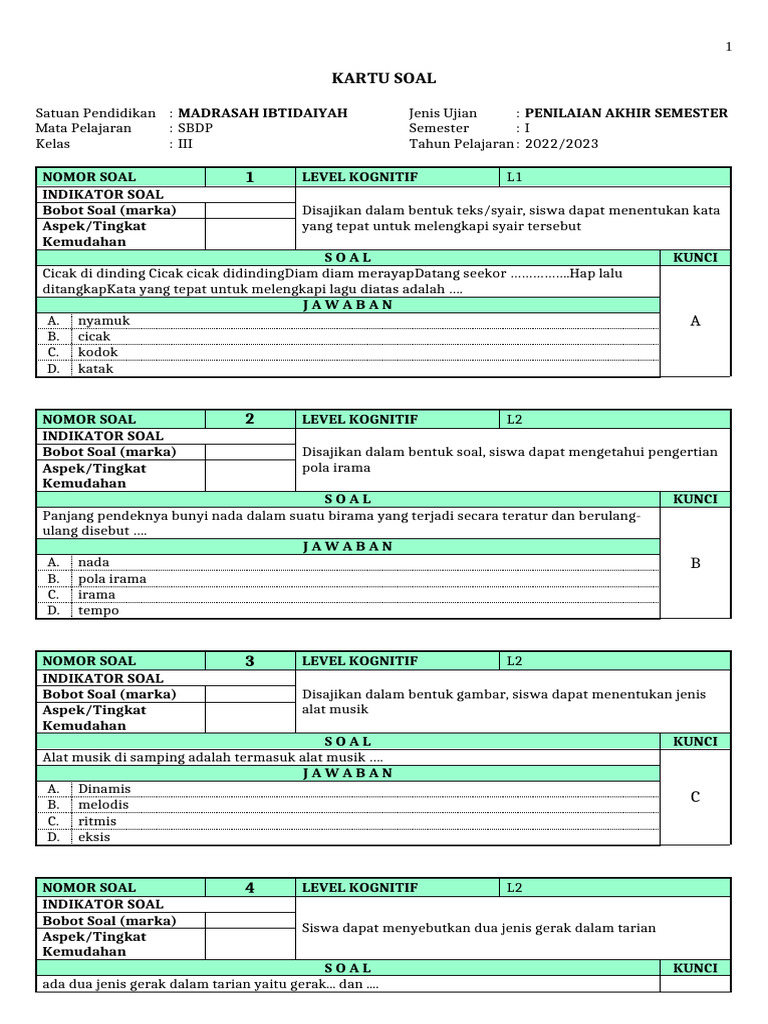 Kartu Soal Sas Ganjil - 2023 | PDF