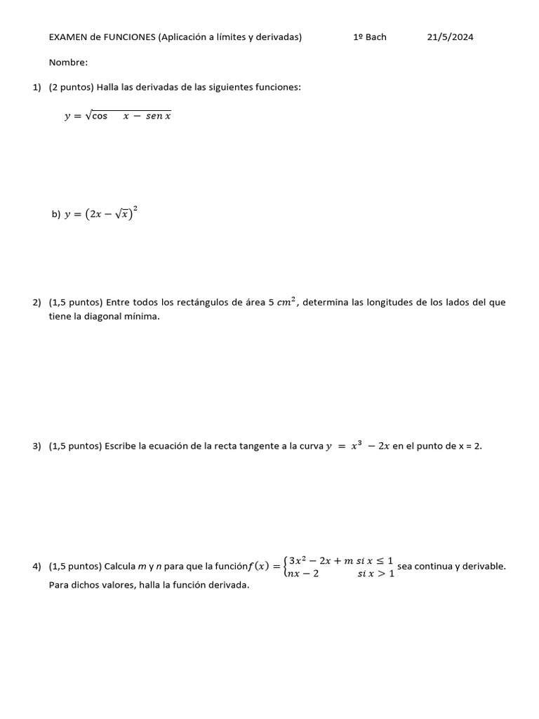 Examen Derivadas y sus aplicaciones | PDF