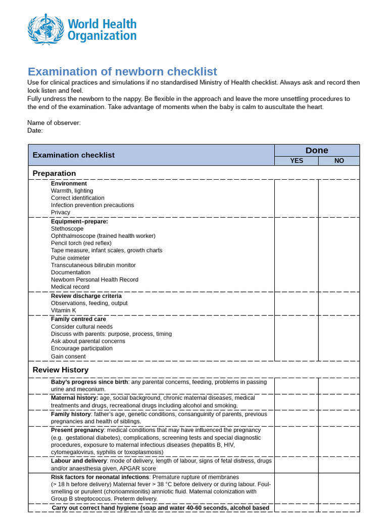example-examination-checklist | PDF | Childbirth | Infants