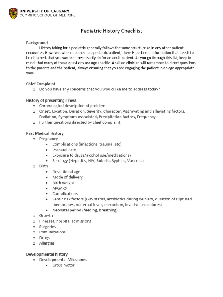 Pediatric History Checklist | PDF