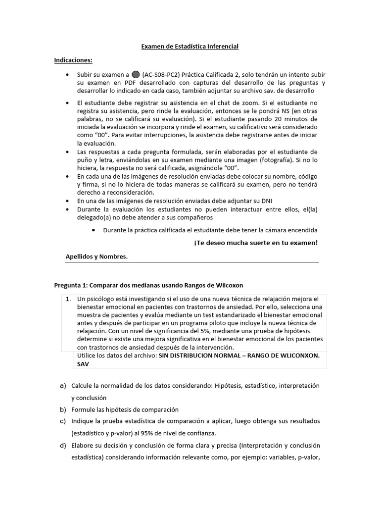 PC 2 Examen De Estad stica Inferencial 2 PDF Valor P Estad sticas
