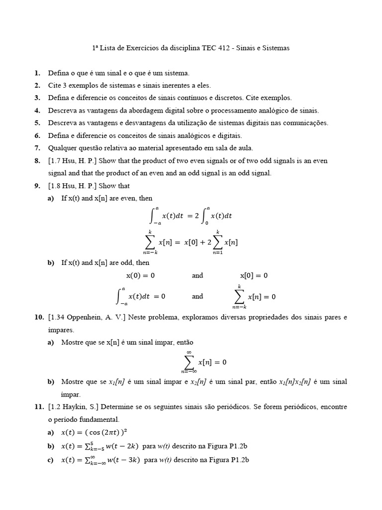 Exercícios de Sinais e Sistemas TEC 412 | PDF