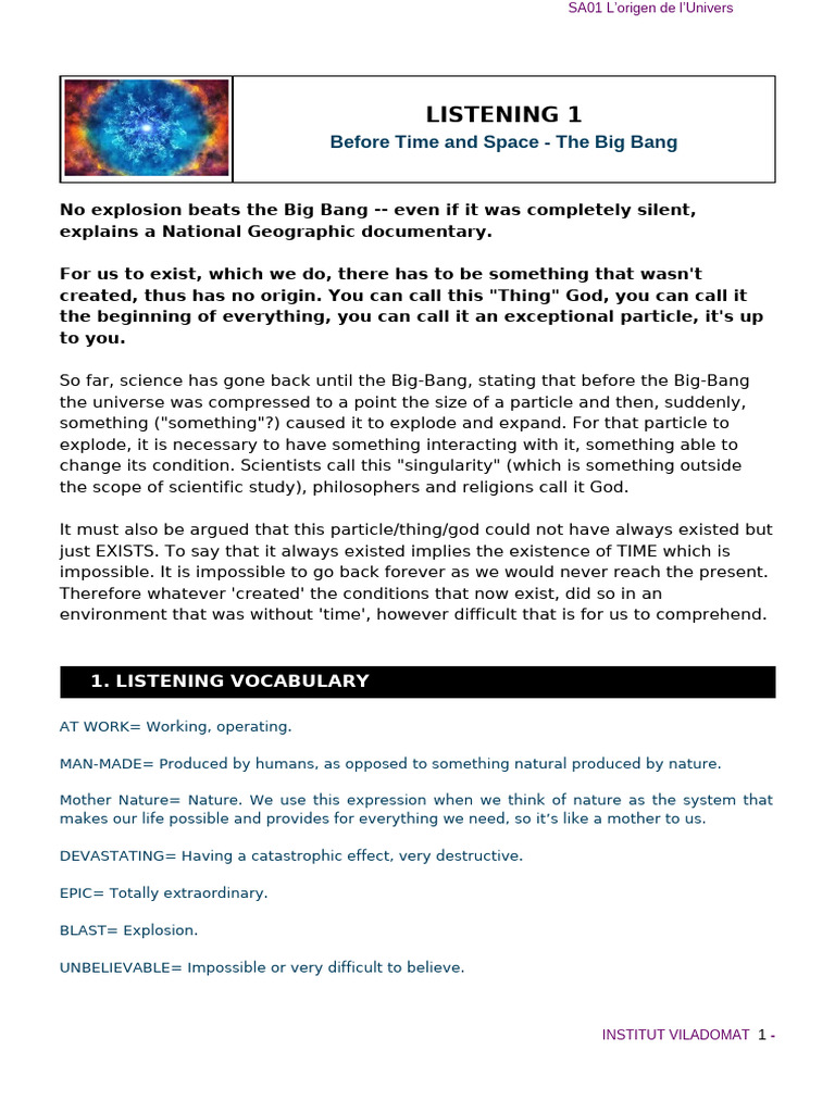 SA01 Listening 1 Before Time and Space - The Big Bang | PDF | Universe ...