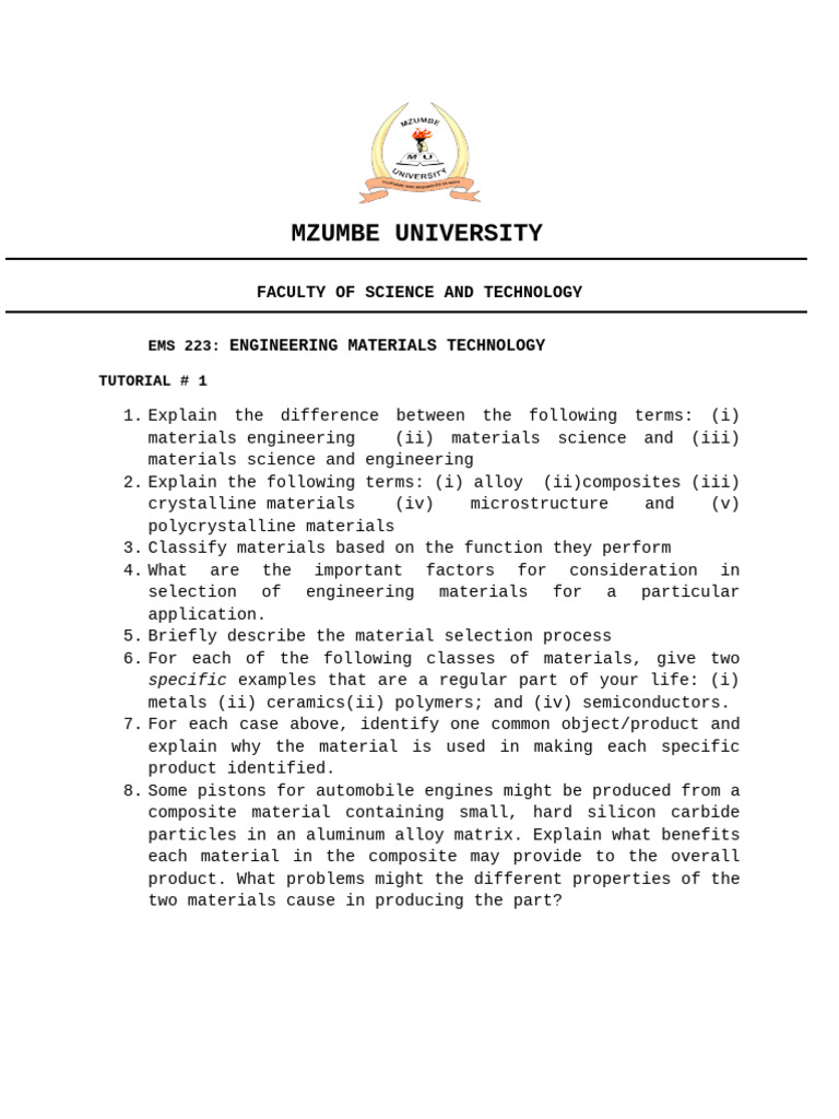 EMS 223 Tutorial 1 | PDF | Technology & Engineering