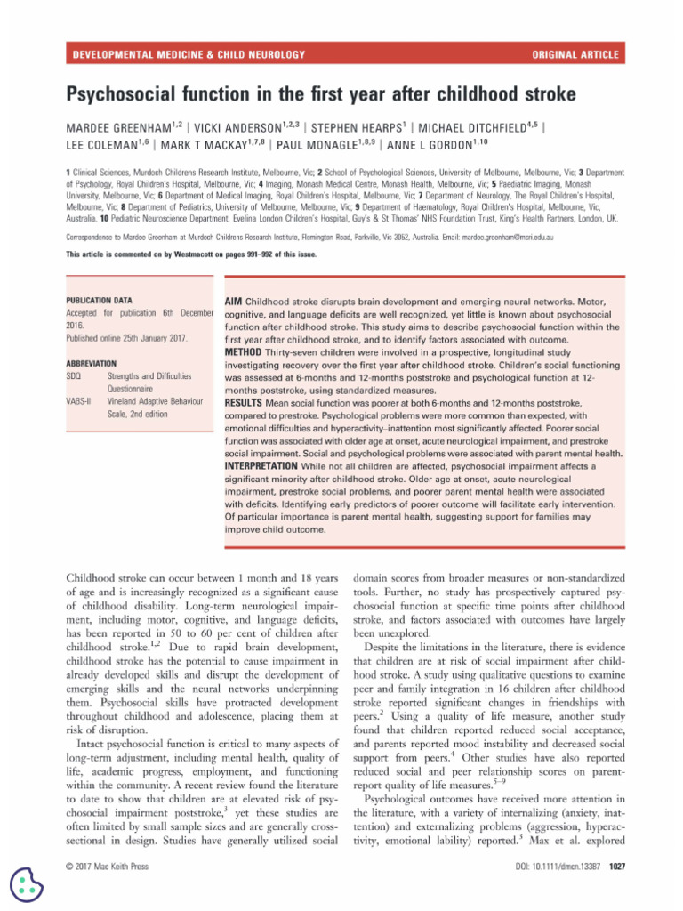 Psychosocial Function After The 1st Year of PS | PDF