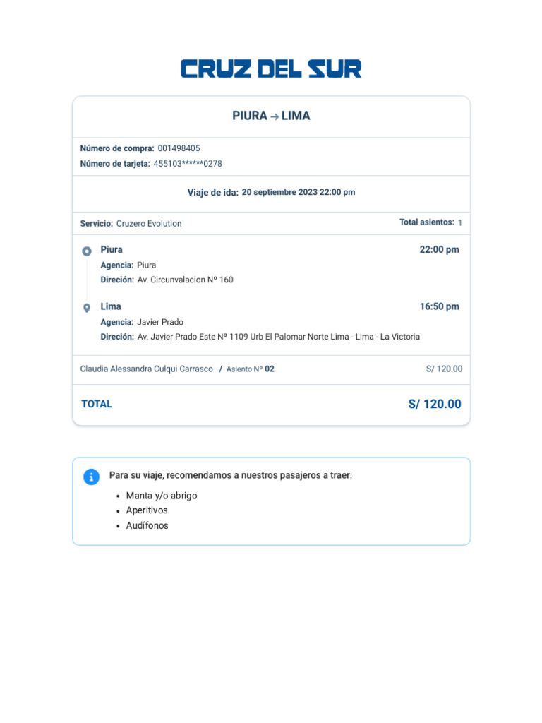 Cruz Del Sur Pasaje a Lima | PDF