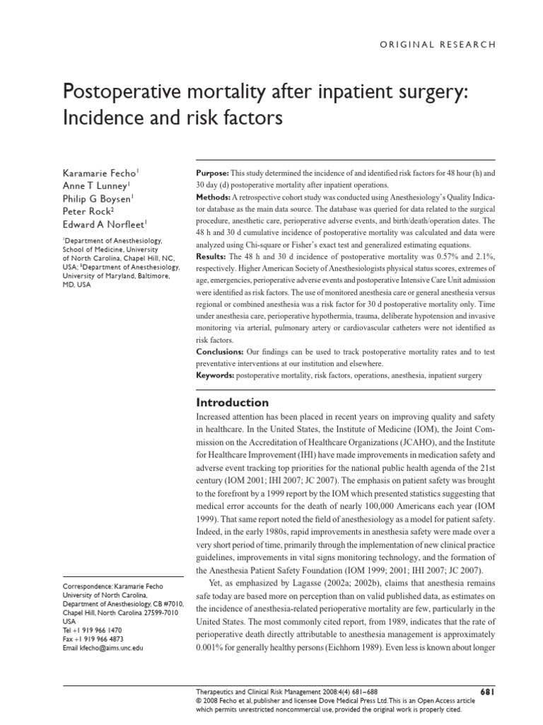 Postoperative Mortality After Inpatient Surgery Incidence and Risk ...