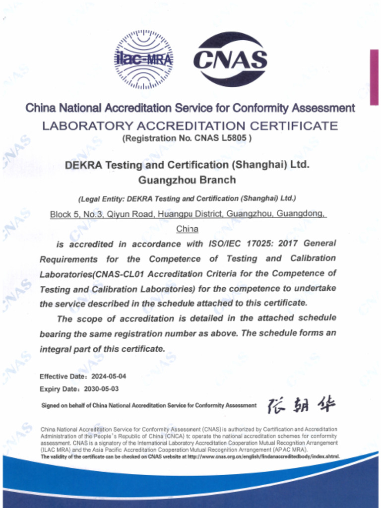 CNAS Certificate - Laboratory DEKRA TESTING AND CERTIFICATION (SHANGHAI ...