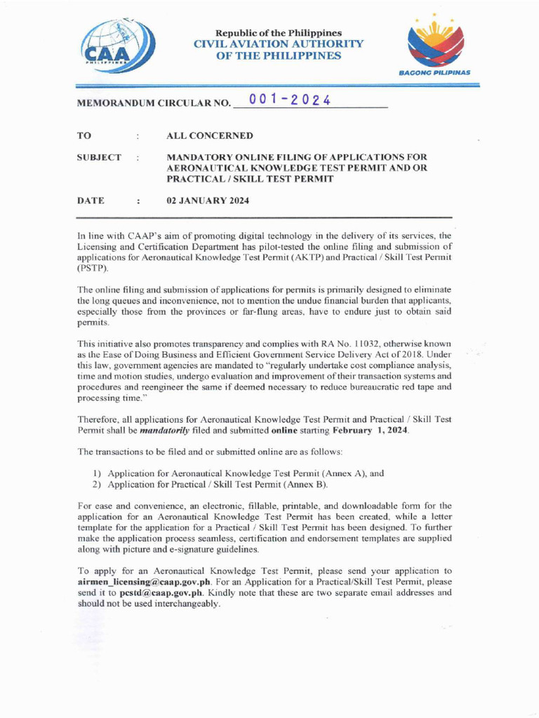 MC 001 2024 Mandatory Online Filing of Application For Aeronautical ...