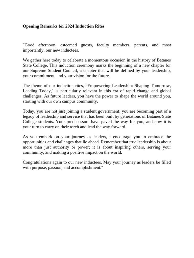 Opening Remarks For 2024 Induction Rites | PDF | Career & Growth | Self ...