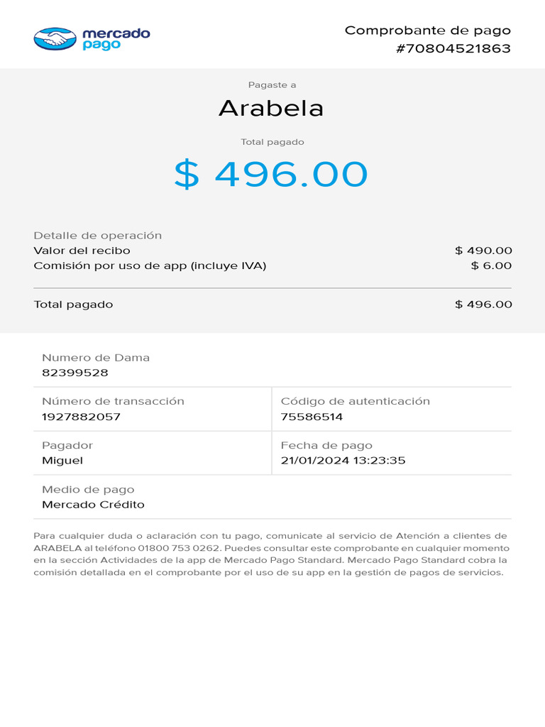 Comprobante Pago Arabela $496.00 | PDF | Finanzas y dinero