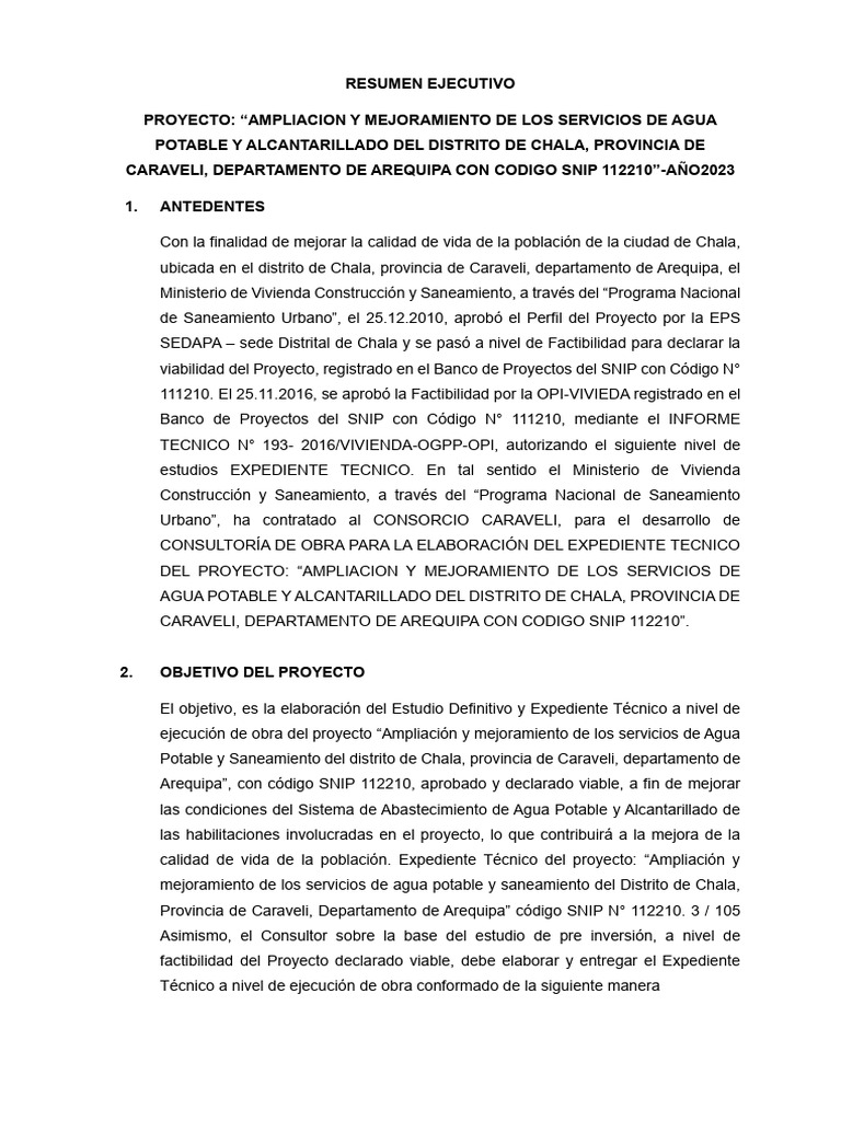Resumen Ejecetuvio-Proyecto Chala | PDF | Alcantarillado | Agua