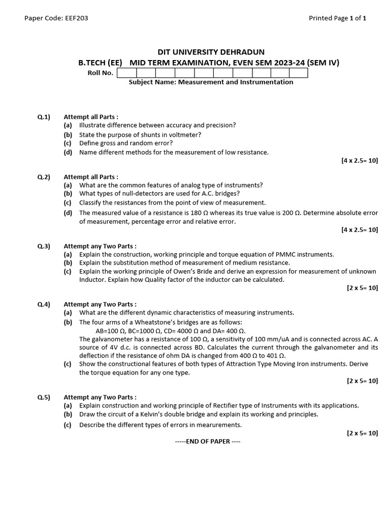EEF203 - MT Q Paper Even Sem 2023-24 | PDF | Electrical Engineering ...