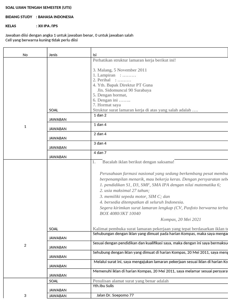 Soal Mid Semester Ganjil Bahasa Indonesia Kls Xii. 2024 | PDF
