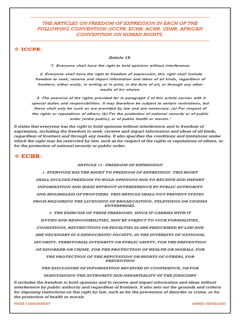 Week 3 - A - Articles ICCPR, ECHR, ACHR, UDHR, AfCHR | PDF | Freedom Of ...
