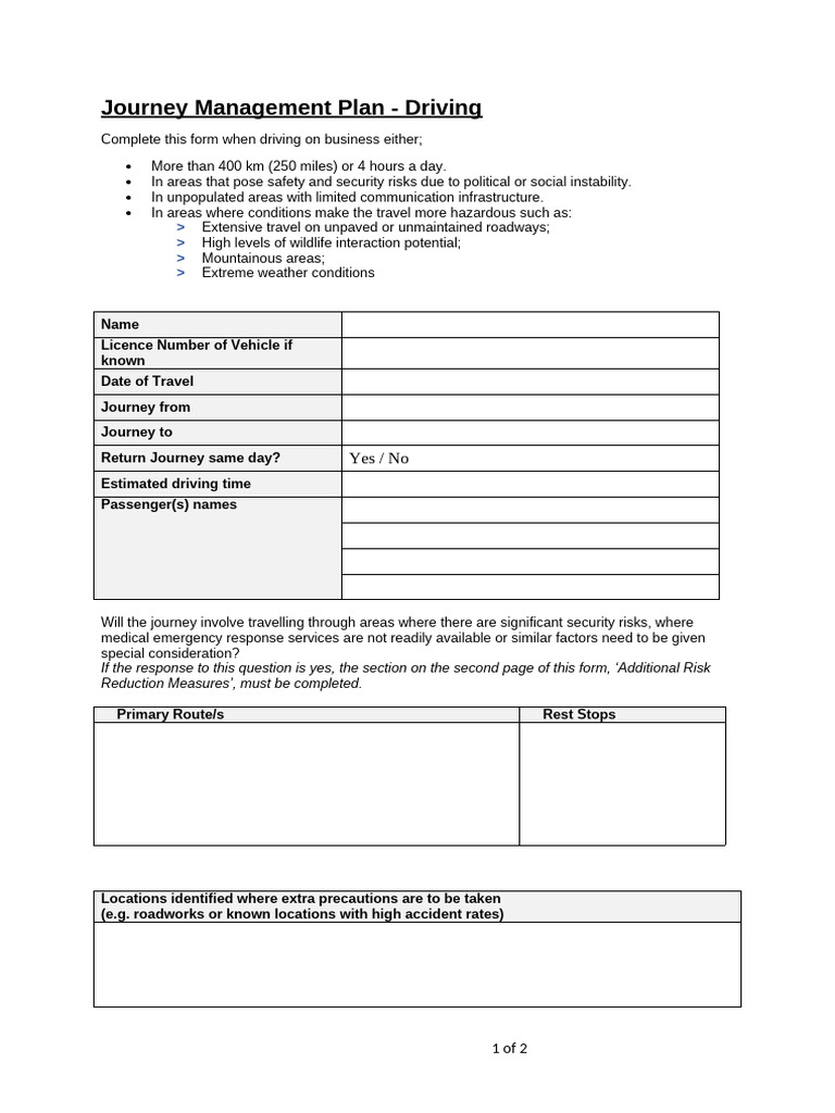 Journey Management Plan Form | PDF | Traffic Collision | Risk