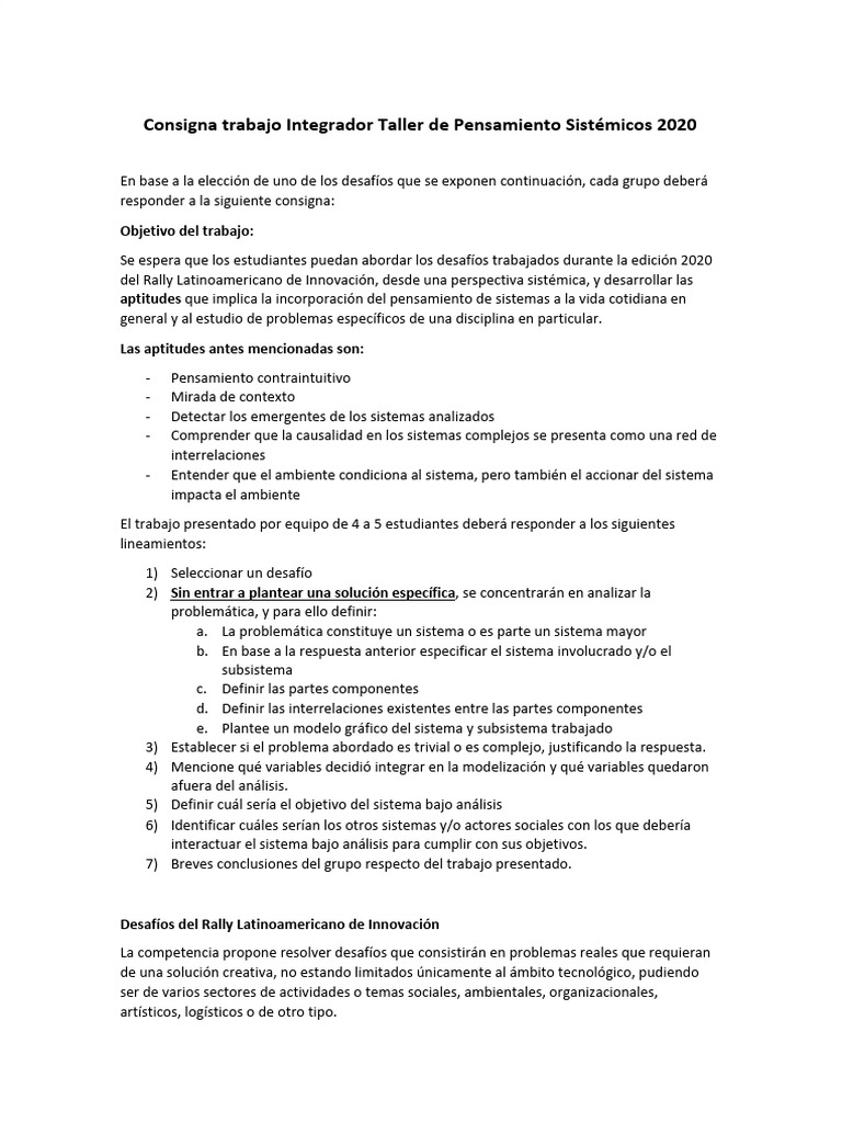 Consigna Trabajo Integrador Taller de Pensamiento Sistémicos 2020 | PDF | Pensamiento | Transporte