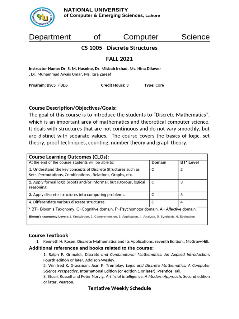 Discrete Structures Course Outline Fall 2021 CS | PDF | Discrete Mathematics | First Order Logic