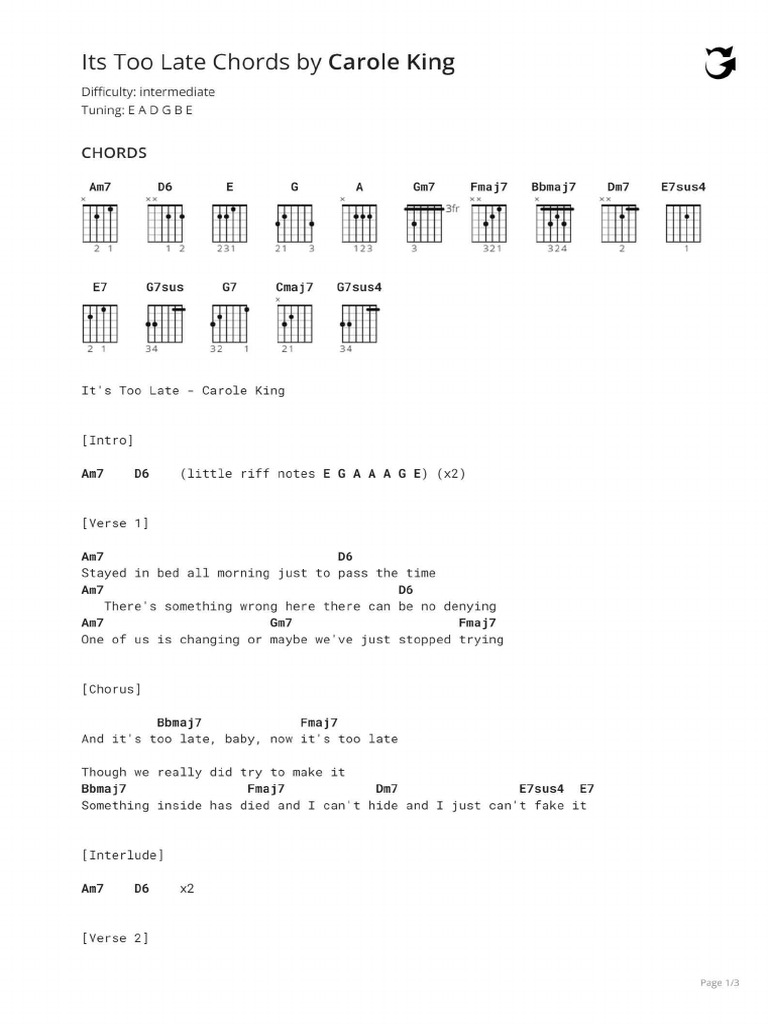 Its Too Late Chords | PDF